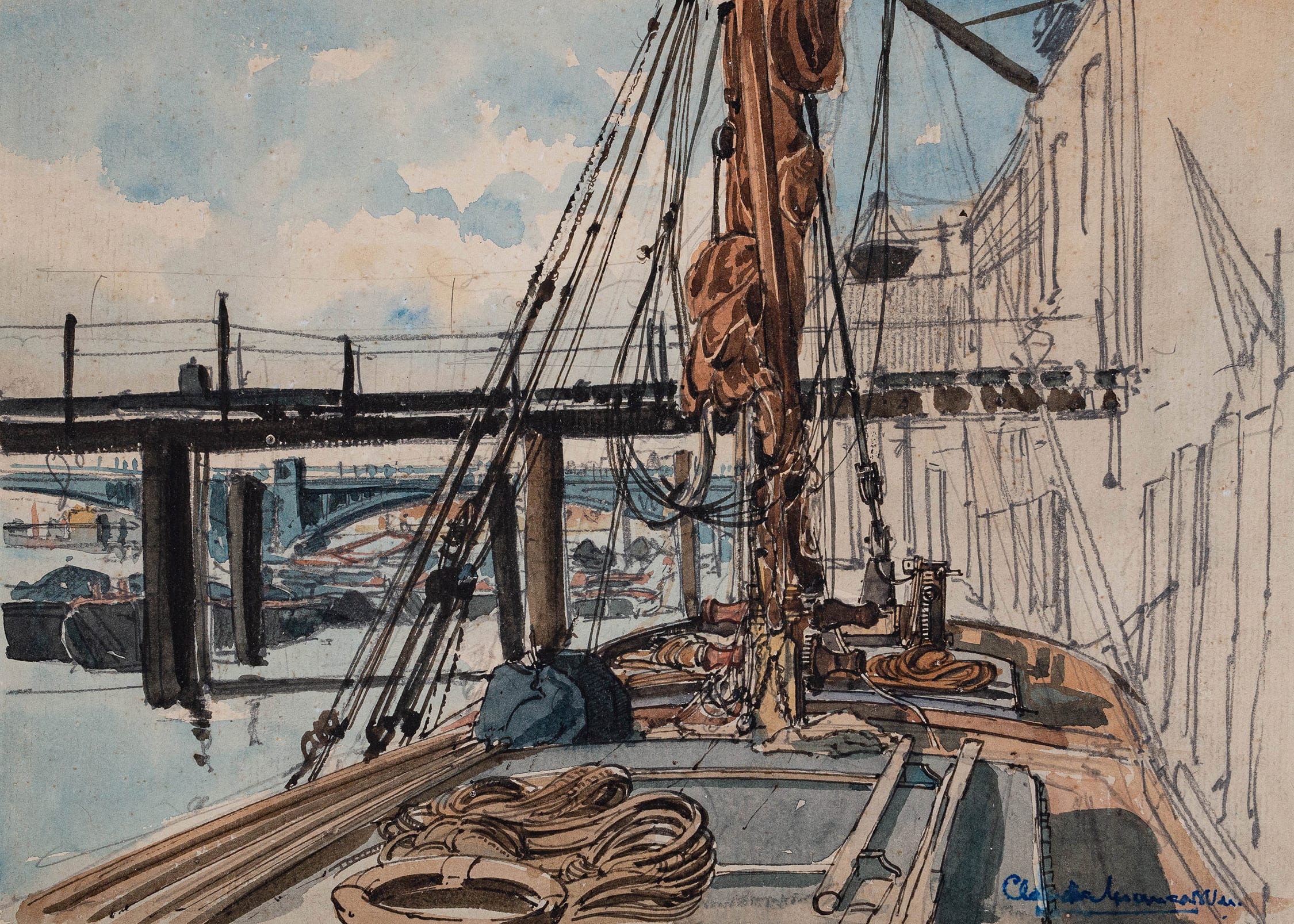 MUNCASTER Claude P.R.S.M.A. R.W.S. (1903-1974) – Barge moored near Old ...