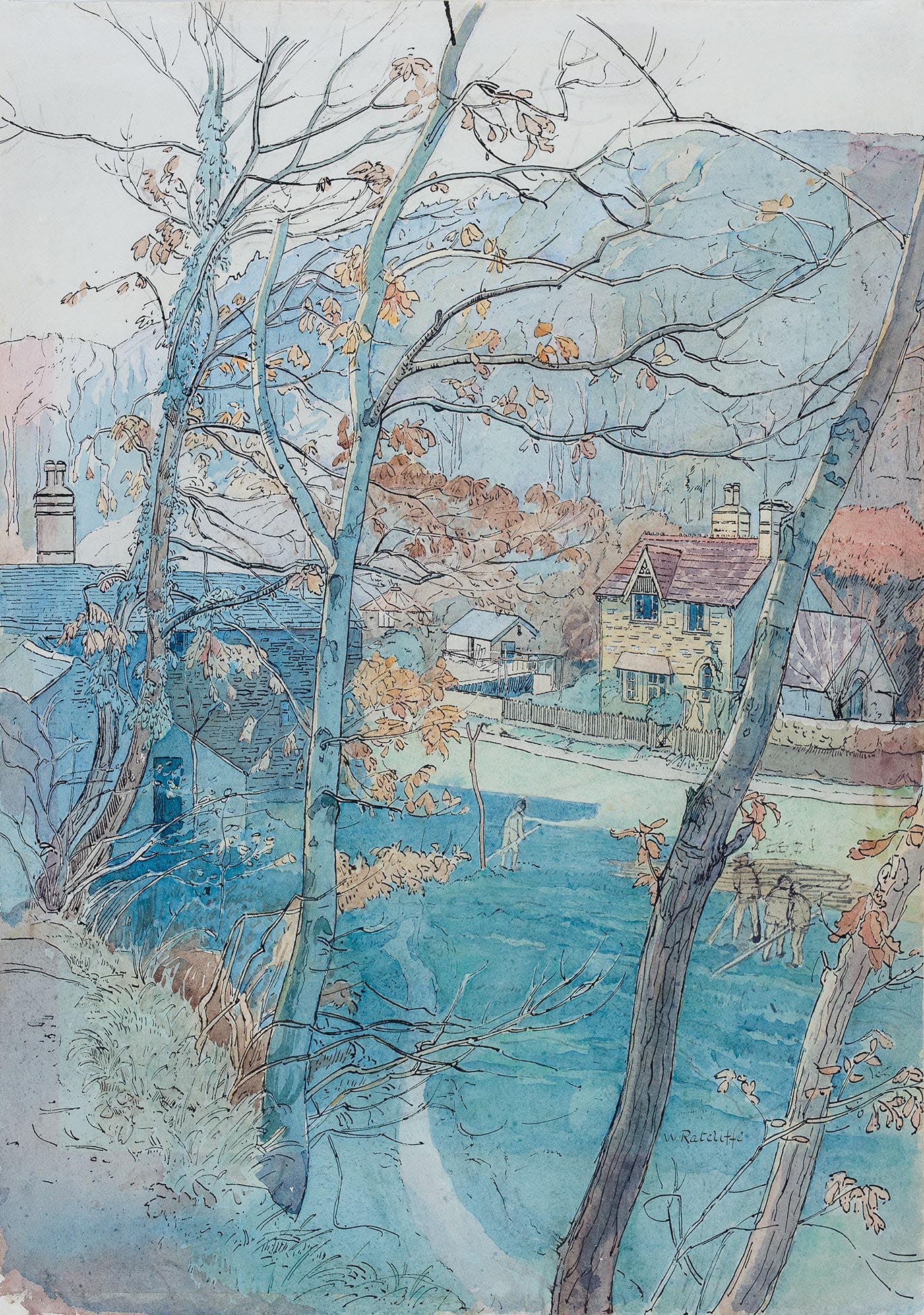 Ratcliffe, William (1870 – 1955) – Village view through winter trees ...